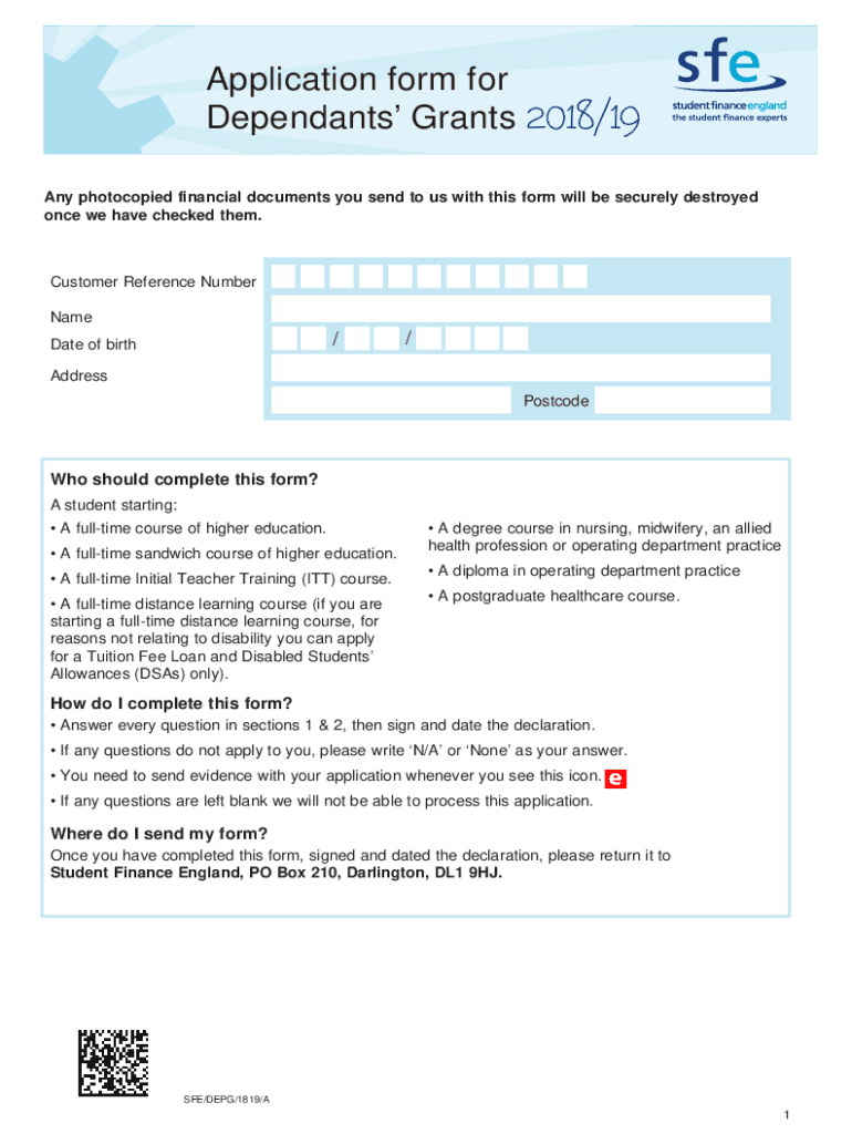 Fillable Online Student Finance England - Application for Dependants ...