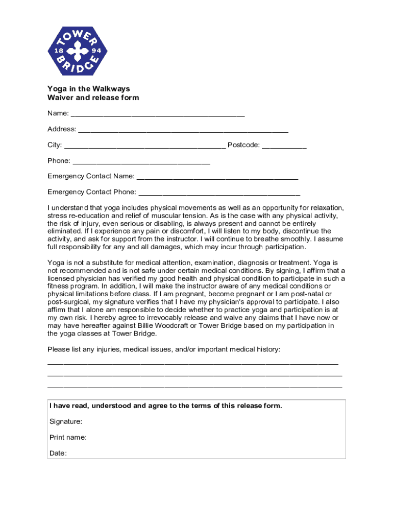 Fillable Online Tower Bridge yoga disclaimer form - Billie Woodcraft ...