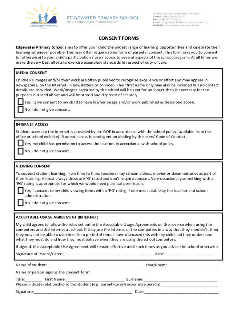 Fillable Online ONSENT FORMS - Edgewater Primary School Fax Email Print ...