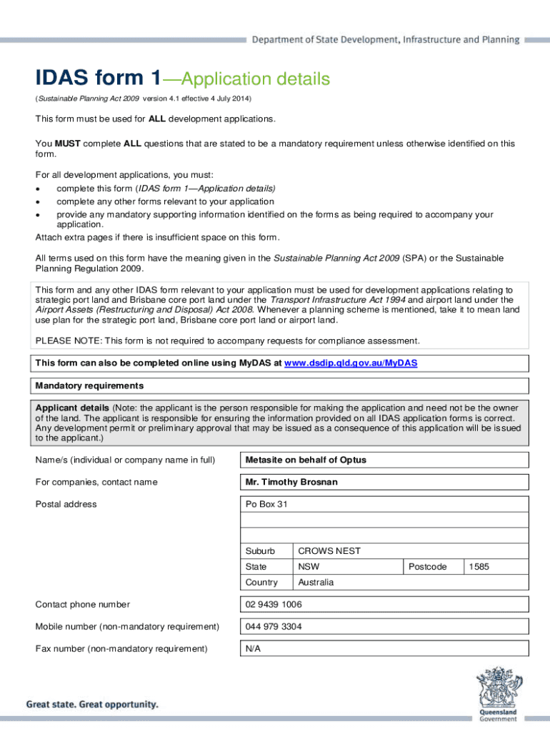 Fillable Online douglas.qld.gov.audownloadplanning-servicesIDAS form 1 - application details ...