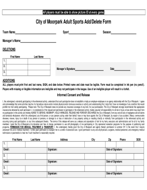 Fillable Online City of Moorpark Adult Sports Add/Delete Form Fax Email ...