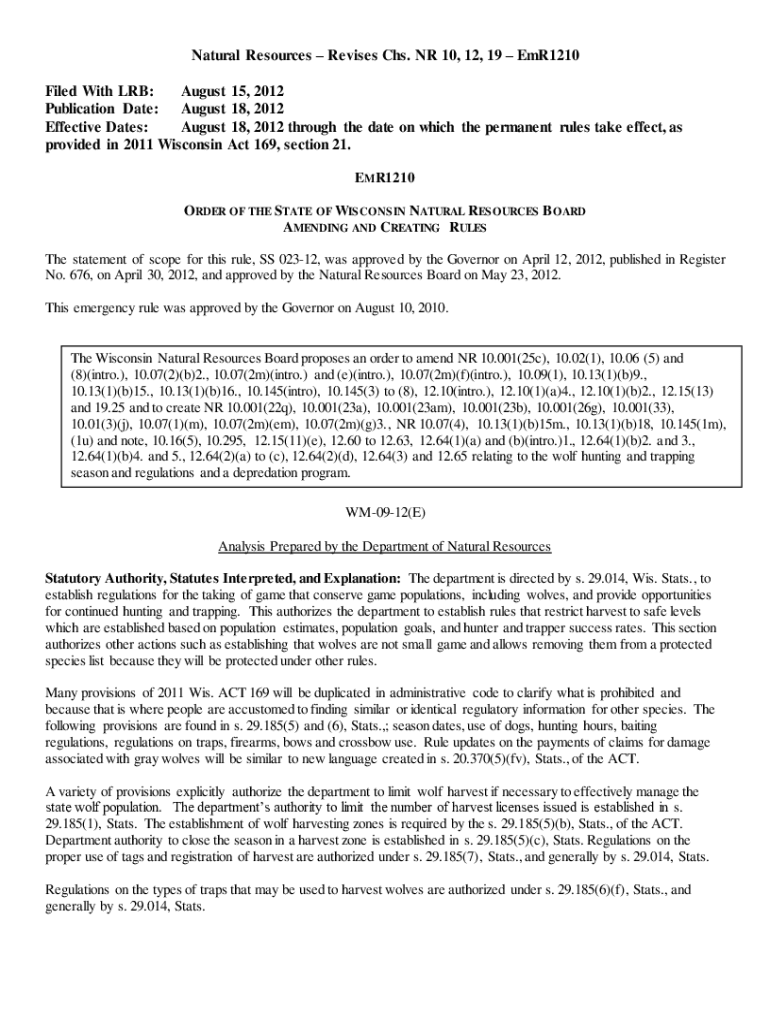 Fillable Online docs legis wisconsin EmR1210 The wolf hunting and ...