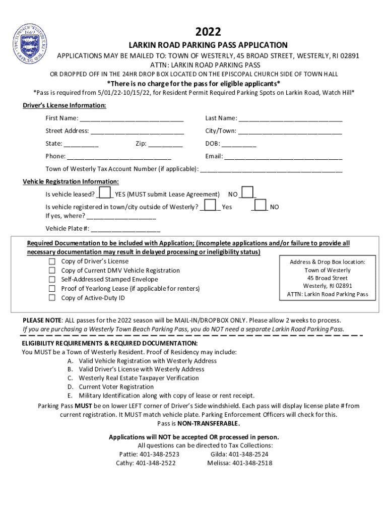 Fillable Online LARKIN ROAD PARKING PASS APPLICATION Fax Email Print ...