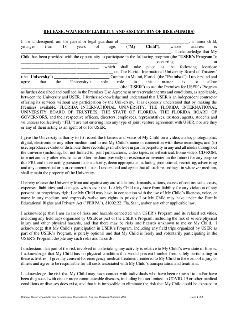 Fillable Online generalcounsel fiu Release, Waiver of Liability, and Assumption of Risk (Minors ...