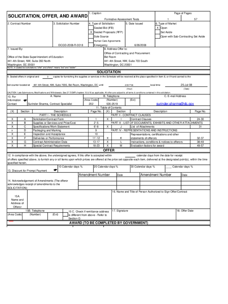Fillable Online app ocp dc Page of Pages SOLICITATION OFFER AND AWARD SOLICITATION ... Fax Email ...