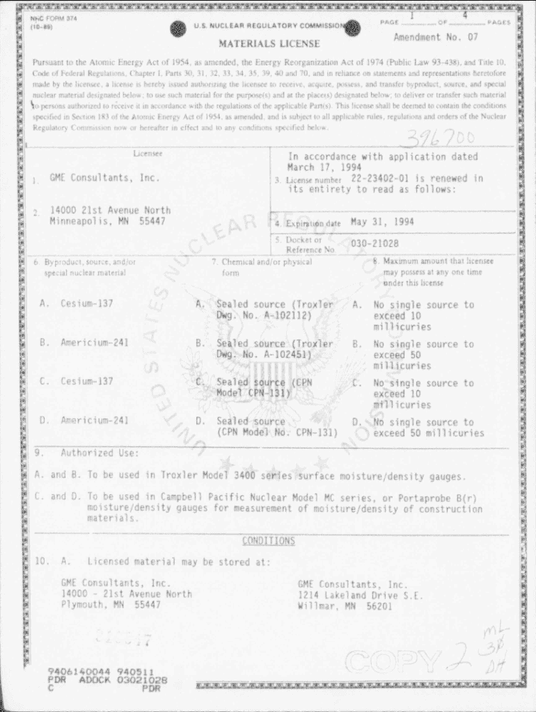 Fillable Online www.nrc.govdocsML1033NRC FORM 374 PAGE OF LPAGES U.S. NUCLEAR REGULATORY ... Fax ...
