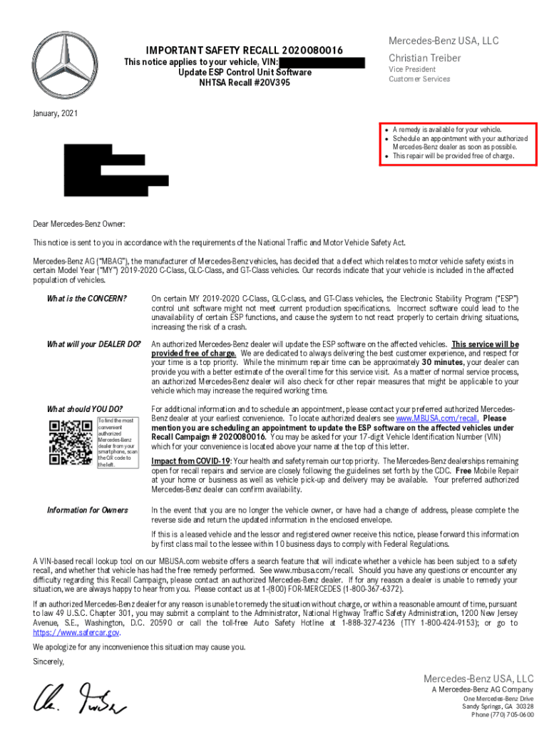 Fillable Online static.nhtsa.govodirclIMPORTANT SAFETY RECALL This ...