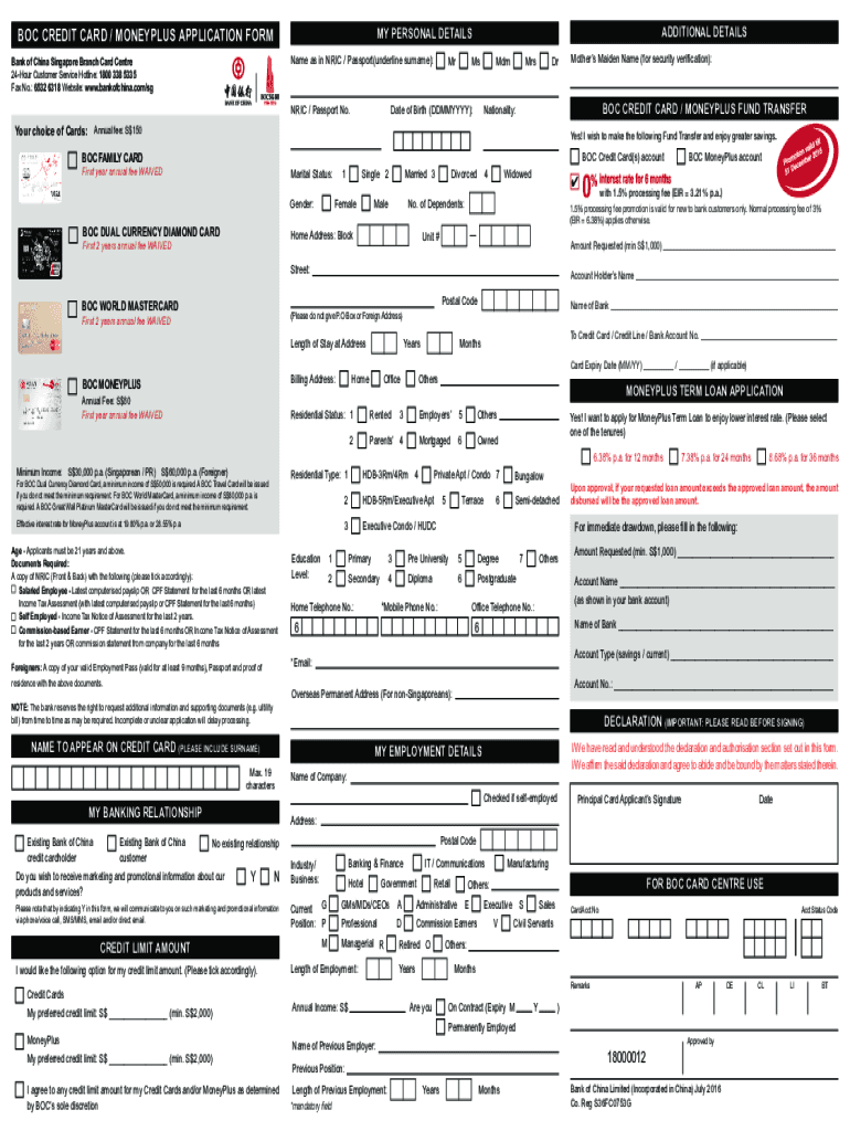 Fillable Online BOC CREDIT CARD / MONEYPLUS APPLICATION FORM MY ...