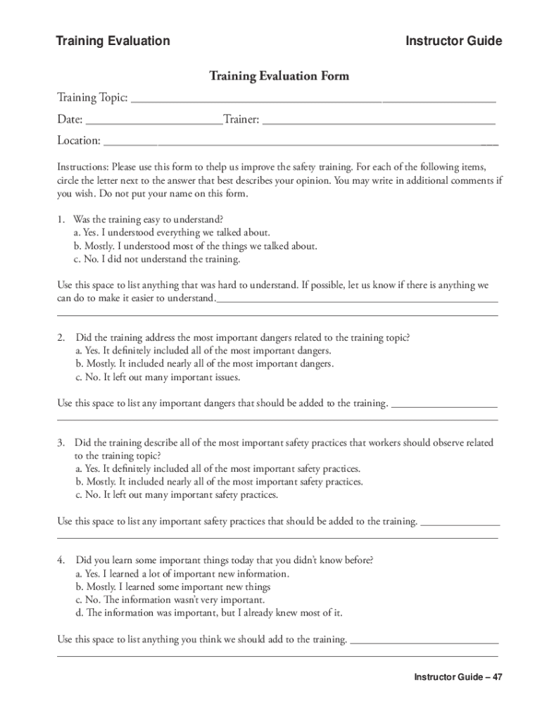Fillable Online Free Training Evaluation Forms and Questionnaires (Word ...