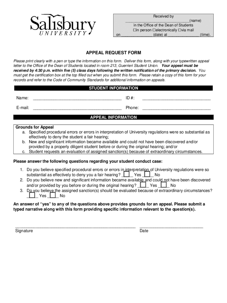 Fillable Online Appeal Request Form. Making an Appeal To Dean Of Students Fax Email Print ...