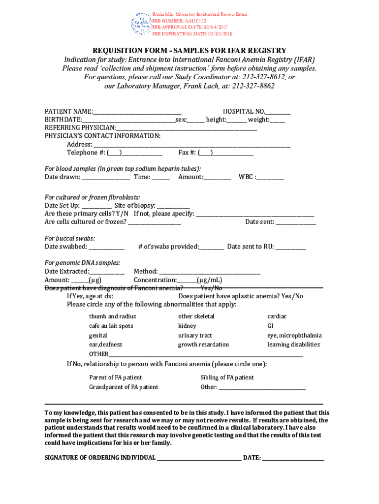 Fillable Online lab rockefeller REQUSITION FORM FOR SAMPLES FOR IFAR ...