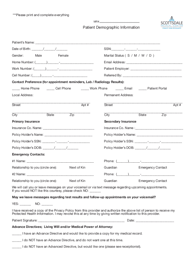 Fillable Online Patient Demographic Sheet.docx - Patient Demographic ...