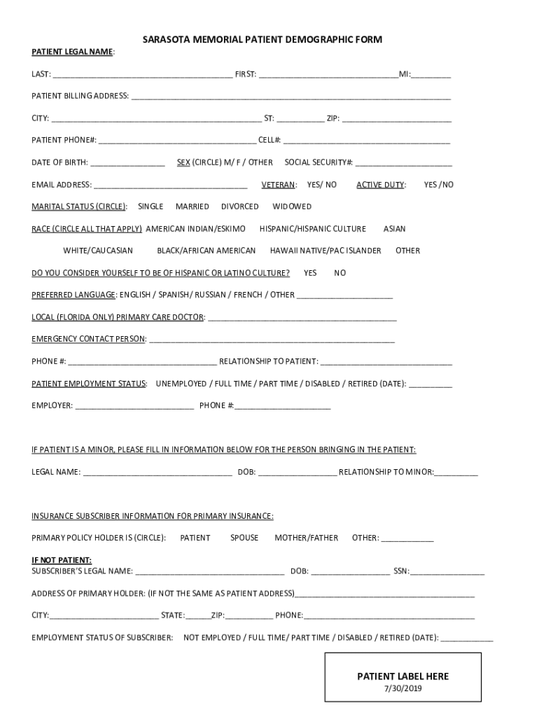 Fillable Online smhurgentcare.com04UCC-Demographic-SheetSARASOTA MEMORIAL PATIENT DEMOGRAPHIC ...