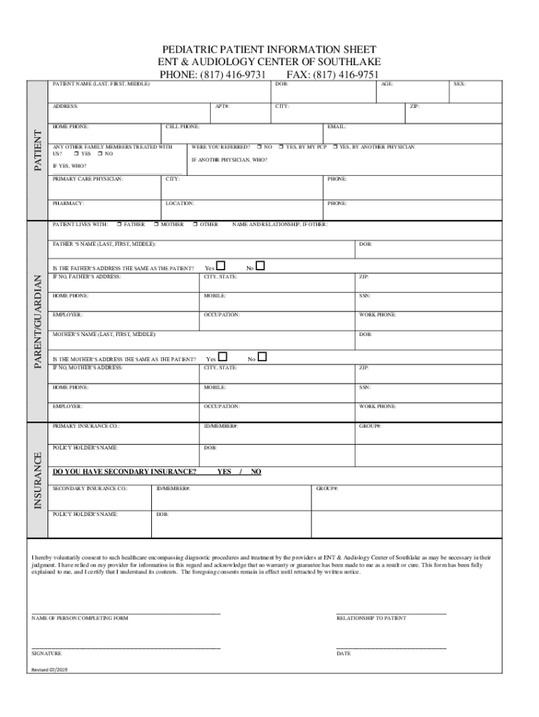 Fillable Online PEDIATRIC PATIENT INFORMATION SHEET ENT & Audiology Center ... Fax Email Print ...
