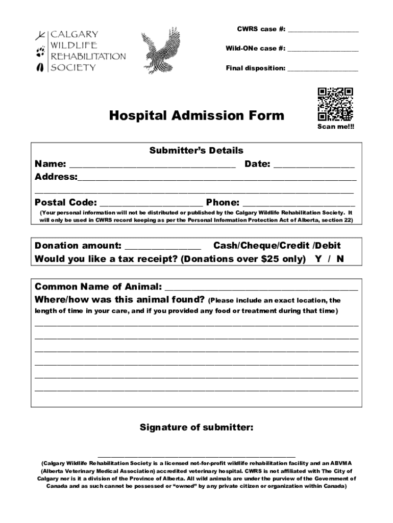 Fillable Online Hospital Admission Form - calgarywildlife.org Fax Email ...