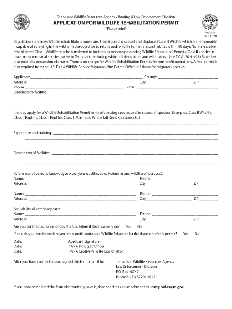 Fillable Online Tennessee Application for Wildlife Rehabilitation Permit. Tennessee Application ...