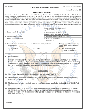 Fillable Online NRC FORM 374 PAGE 1 OF 4 PAGES No. 03 MATERIALS LICENSE ...