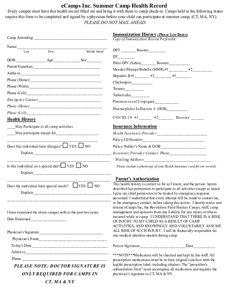 Fillable Online Fillable Online eCamps Inc. Summer Camp Health Record ...