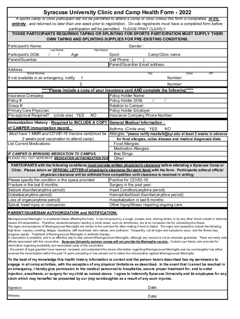 Fillable Online Fillable Online Syracuse University Clinic and Camp ...