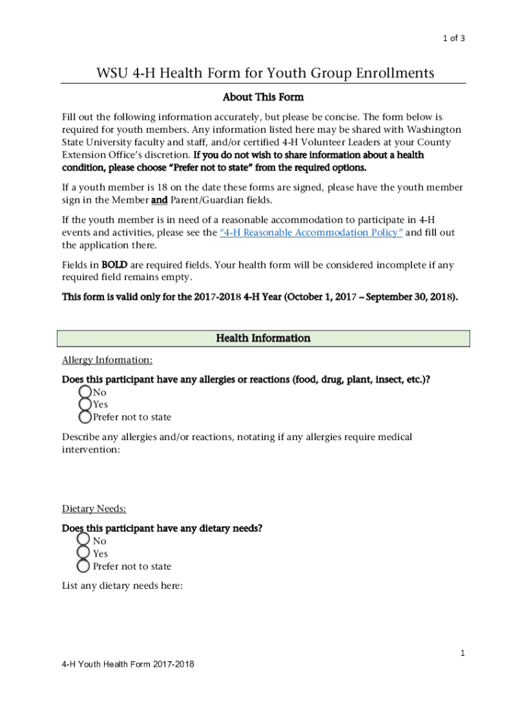 Fillable Online extension wsu WSU 4-H Authorization Form for Youth ...