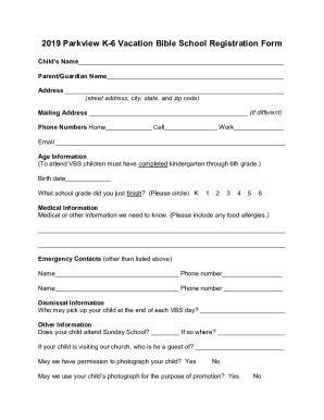 Fillable Online 2019 Vacation Bible School Registration Form Fax Email ...