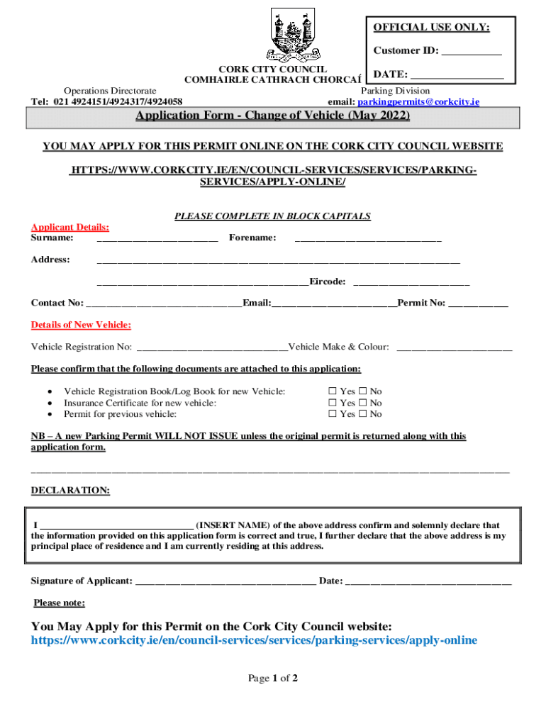 Fillable Online Application Form - Change of Vehicle (May 2022) Fax ...