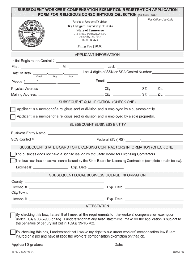 Fillable Online Form SS-4530 RCO "Subsequent Workers ...