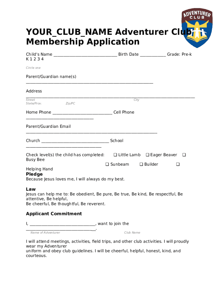 Adventurer Club Application : Auburn City Adventist ... Doc Template ...
