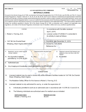 Fillable Online PAGE 1 OF PAGES NRC FORM 374 Amendment No. 01 U.S ...