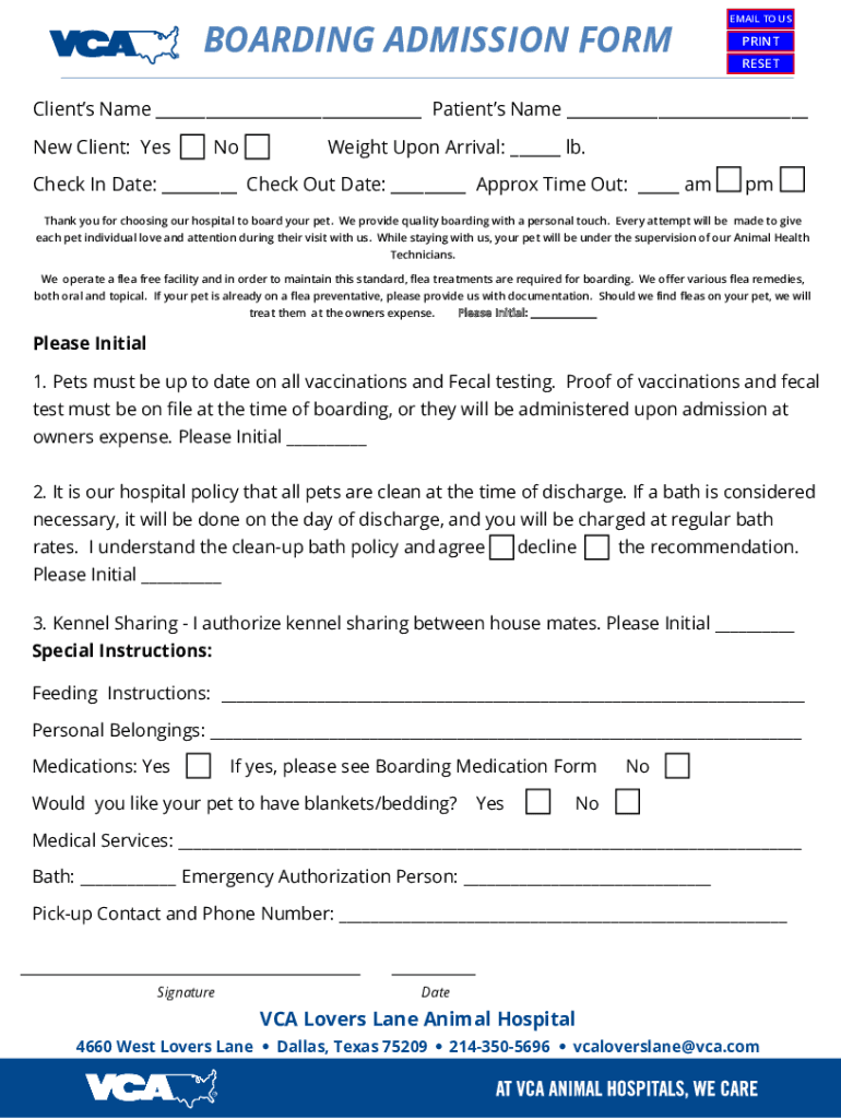 Fillable Online BOARDING ADMISSION FORM - VCA Hospitals Fax Email Print ...