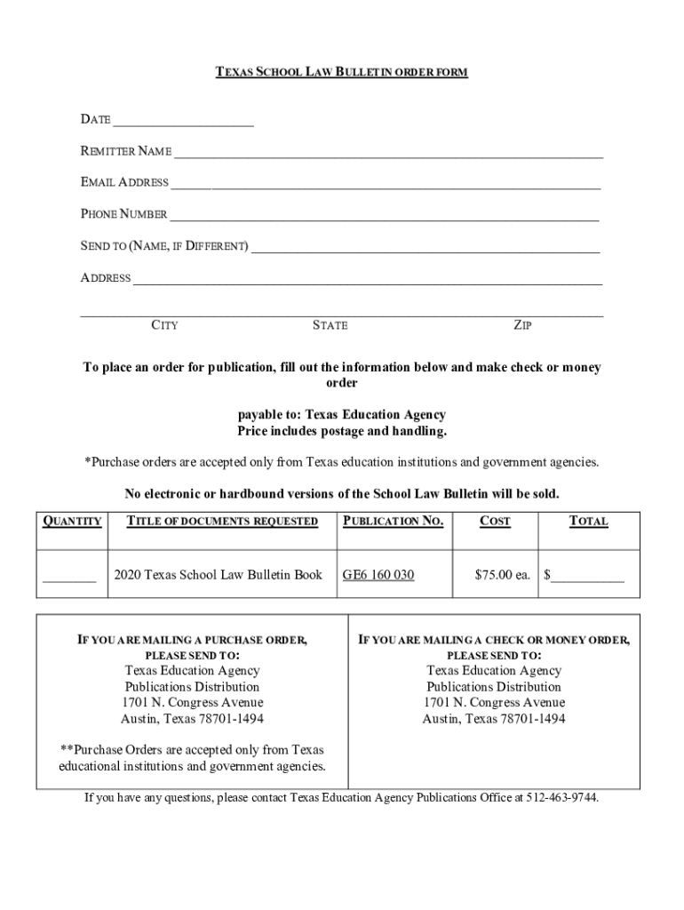 Fillable Online TEXAS SCHOOL LAW BULLETIN ORDER FORM Fax Email Print ...