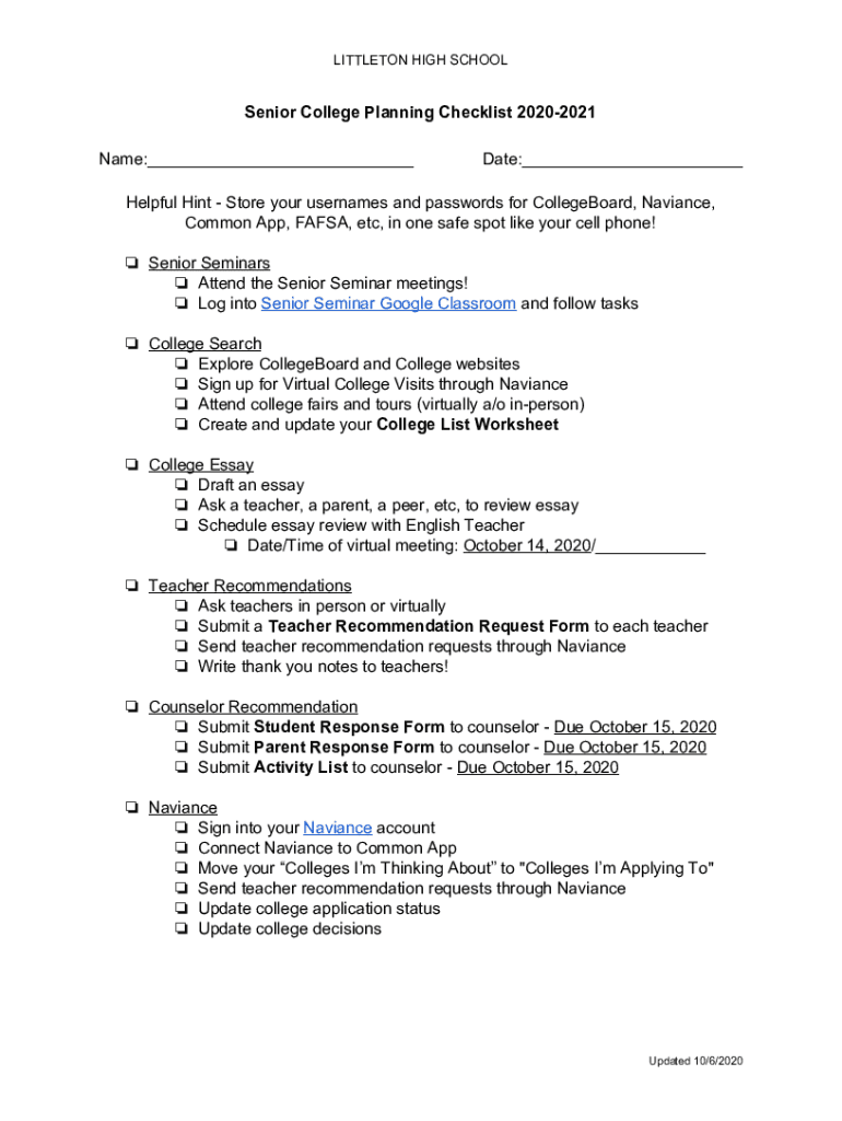 Fillable Online College Planning Checklist - The College Store Denver ...