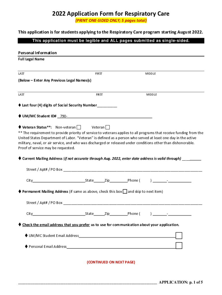 Fillable Online Department of Health Professions Respiratory Care Program Fax Email Print ...