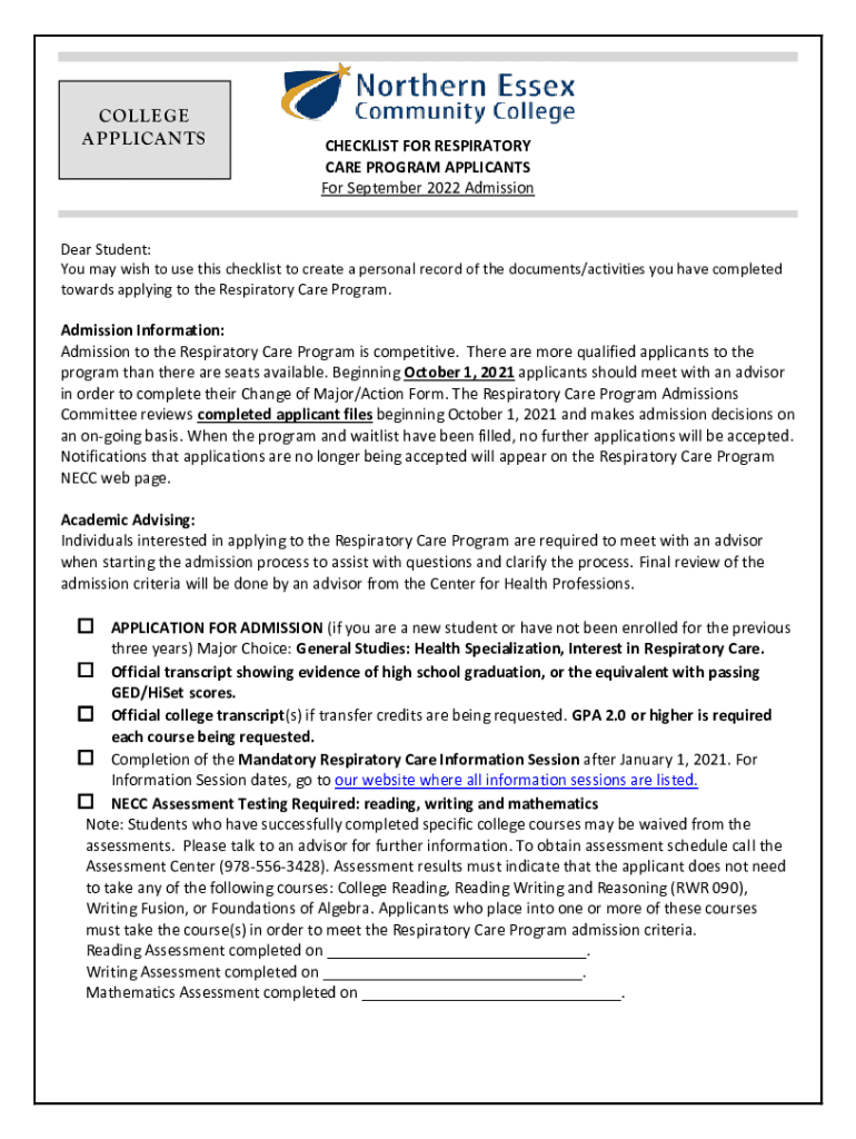 Fillable Online www.necc.mass.eduwp-contentuploadsRespiratory Care program criteria packet for ...