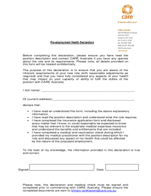 Fillable Online www.care.org.auwp-contentuploadsPre-employment Health ...