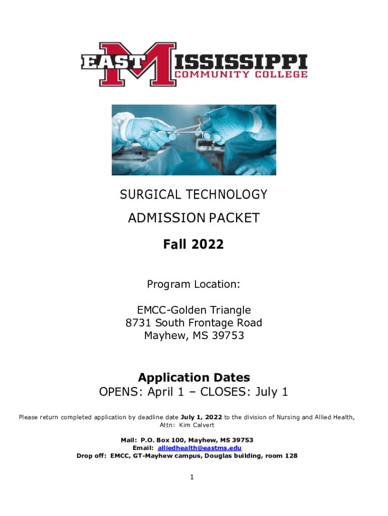 Fillable Online SURGICAL TECHNOLOGY ADMISSION PACKET - eastms.edu Fax ...