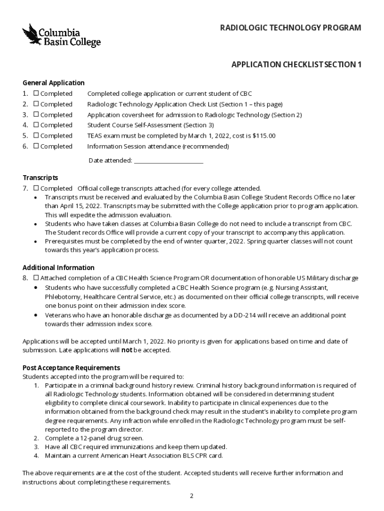 Fillable Online Radiologic Technology Program Application Packet 2022 Fax Email Print - pdfFiller