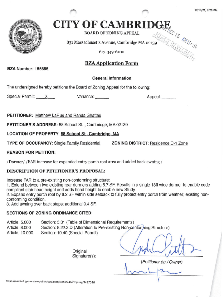 Fillable Online www.cambridgema.govcitycalendarBZA APPLICATION FORM GENERAL INFORMATION Special ...