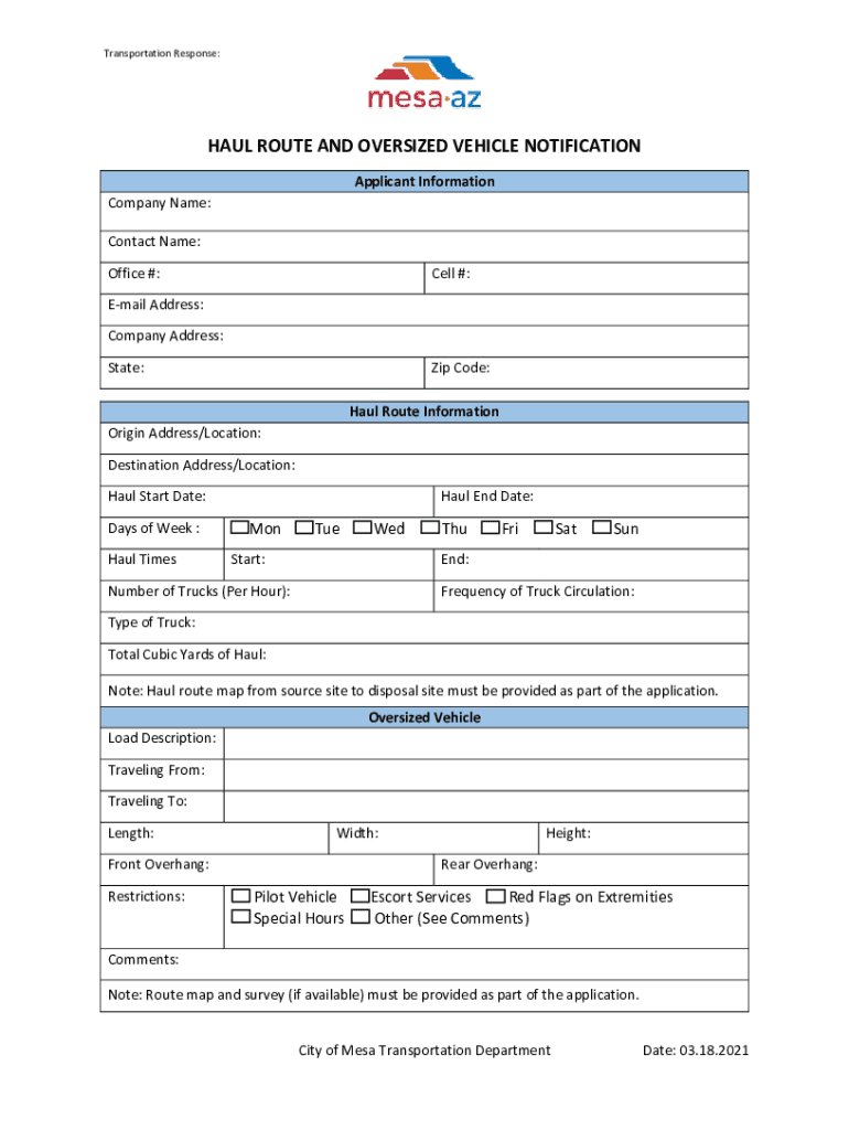 Fillable Online HAUL ROUTE AND OVERSIZED VEHICLE NOTIFICATION Fax Email ...