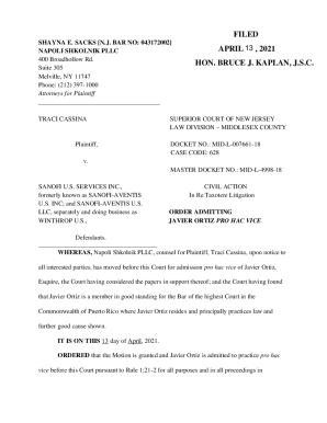 Fillable Online CassinaOrder Admit Pro Hac Vice Javier Ortiz L-7661-18 ...