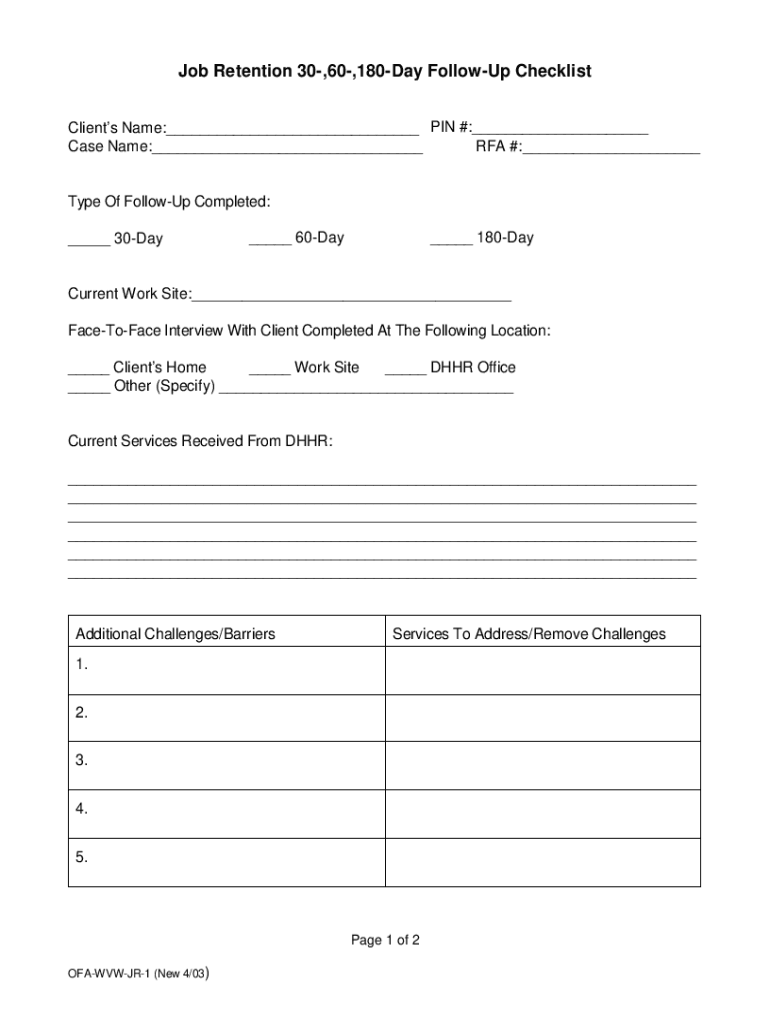 Fillable Online OFA-WVW-JR-1 - Job Retention Follow-Up Checklist. Income Maintenance Manual Fax ...