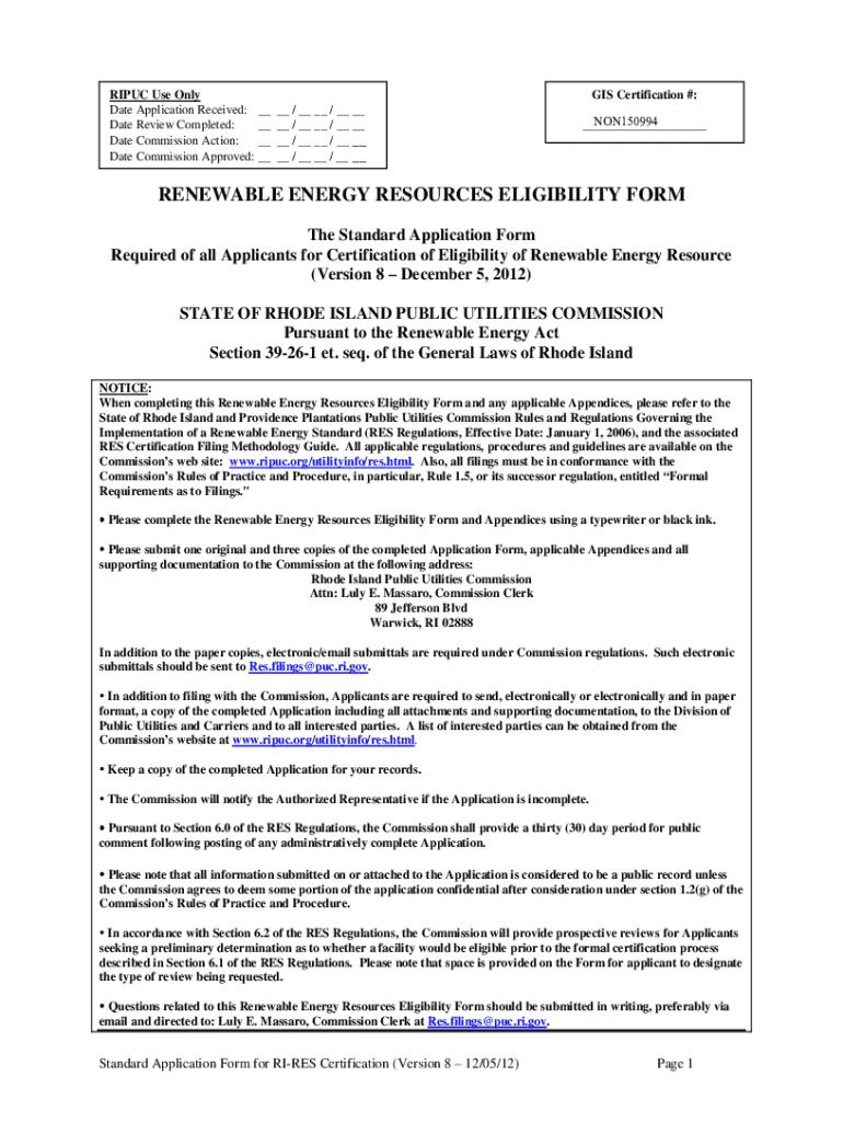 Fillable Online RENEWABLE ENERGY RESOURCES ELIGIBILITY FORM - Rhode ...