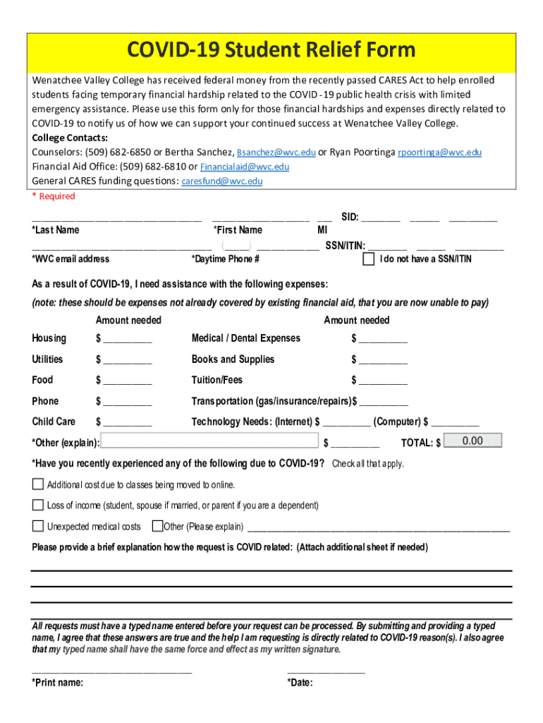 Fillable Online www.wvc.edudocumentsformsCOVID-19 Student Relief Form ...