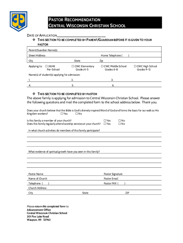 Fillable Online Pastor Recommendation Form - New Covenant Christian School ... Fax Email Print ...