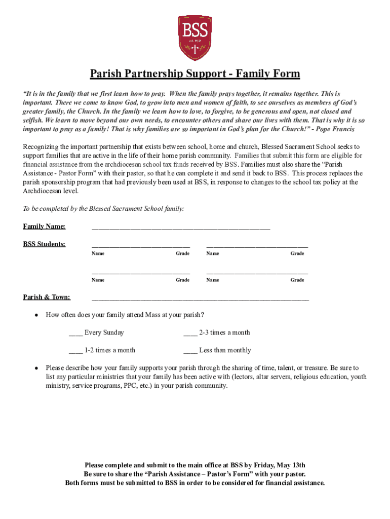 Fillable Online 2022-2023 Parish Partnership Support - Family Form Fax ...