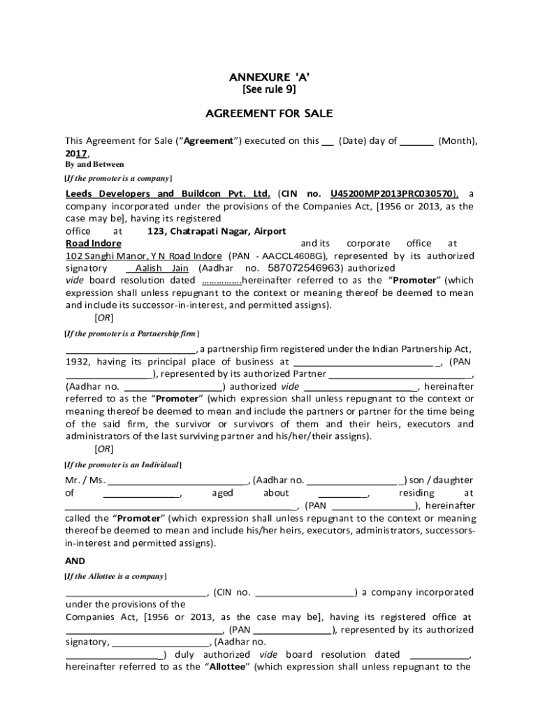 Fillable Online ANNEXURE 'A' See rule 9 AGREEMENT FOR SALE This ... Fax Email Print - pdfFiller