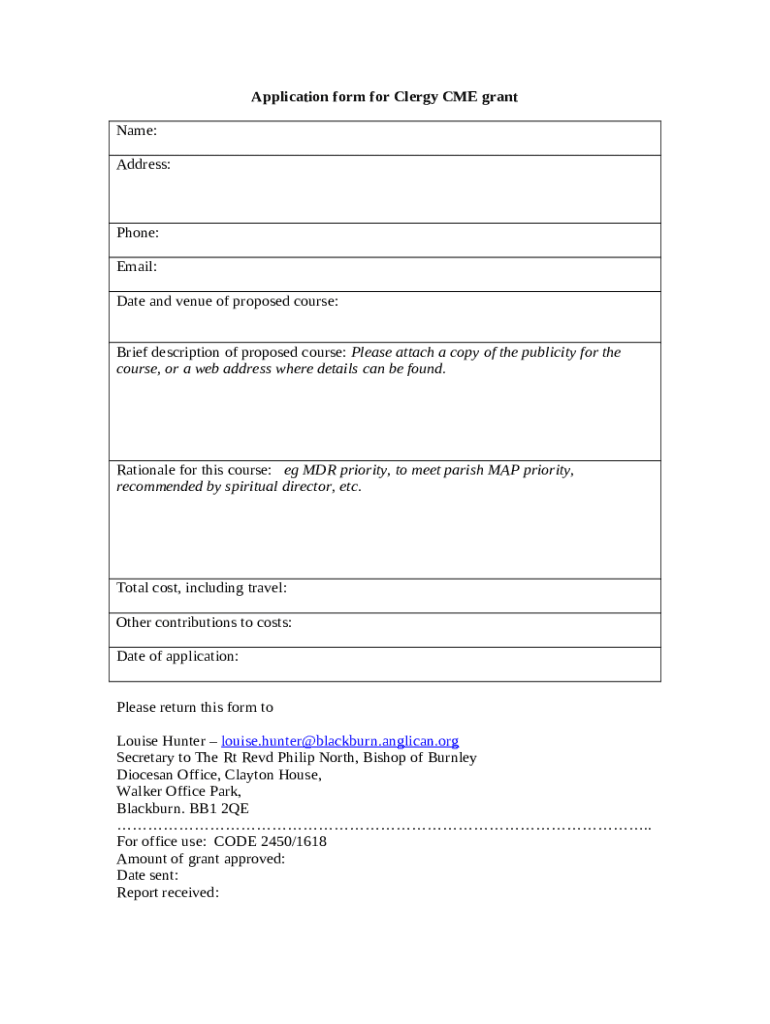 Application for Clergy CME grant Doc Template | pdfFiller