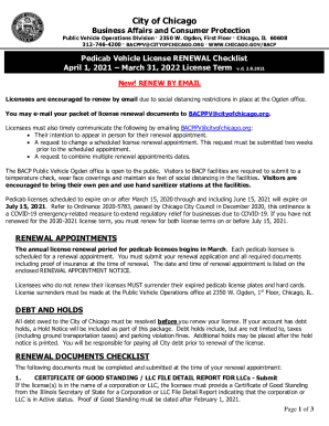 Fillable Online 2021-2022 Pedicab Vehicle License RENEWAL Checklis Fax ...