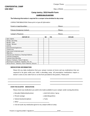 Fillable Online CAMPER HEALTH HISTORY Fax Email Print - pdfFiller