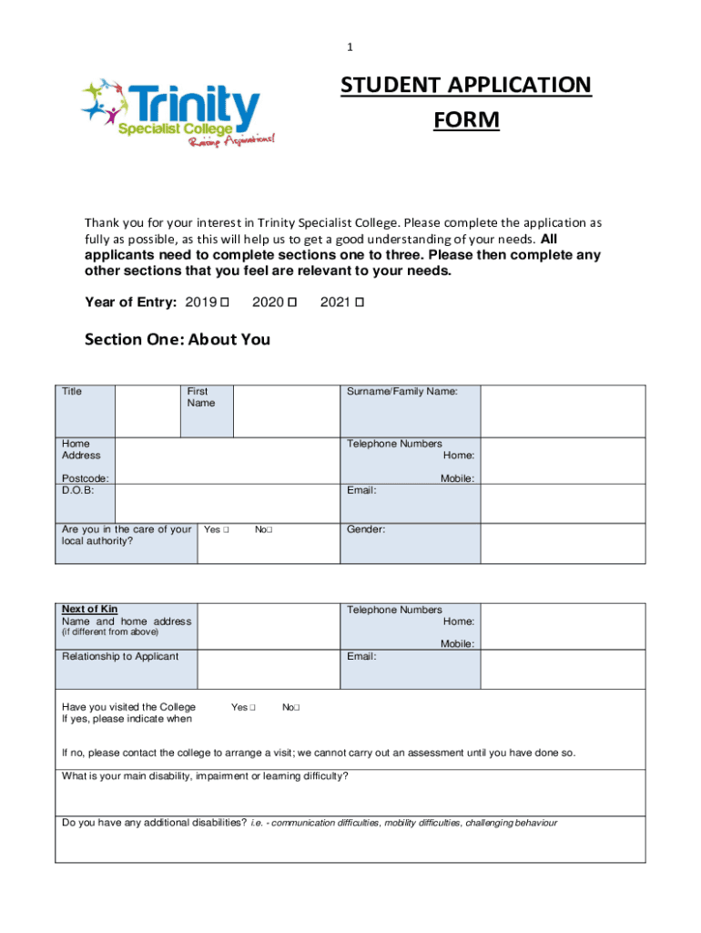 Fillable Online 1 STUDENT APPLICATION FORM - trinityspecialistcollege ...